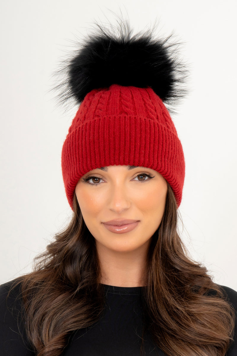 The Camden Cherry Red Wool Cable Knit Fur Bobble Hat – The Fur Bobble Shop