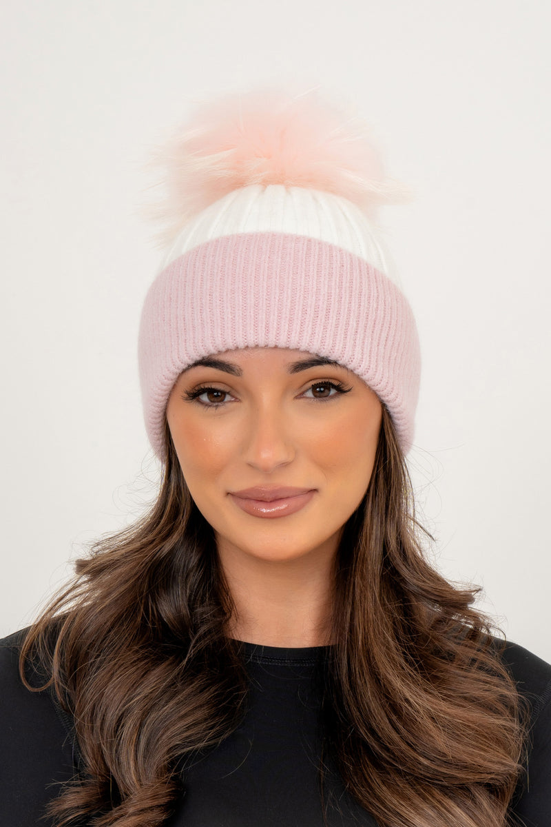 The Camden Ivory and Pink Wool Rib Knit Fur Bobble Hat – The Fur Bobble ...