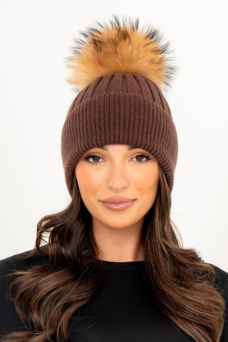 The Camden Chocolate Brown Wool Rib Knit Fur Bobble Hat – The Fur ...