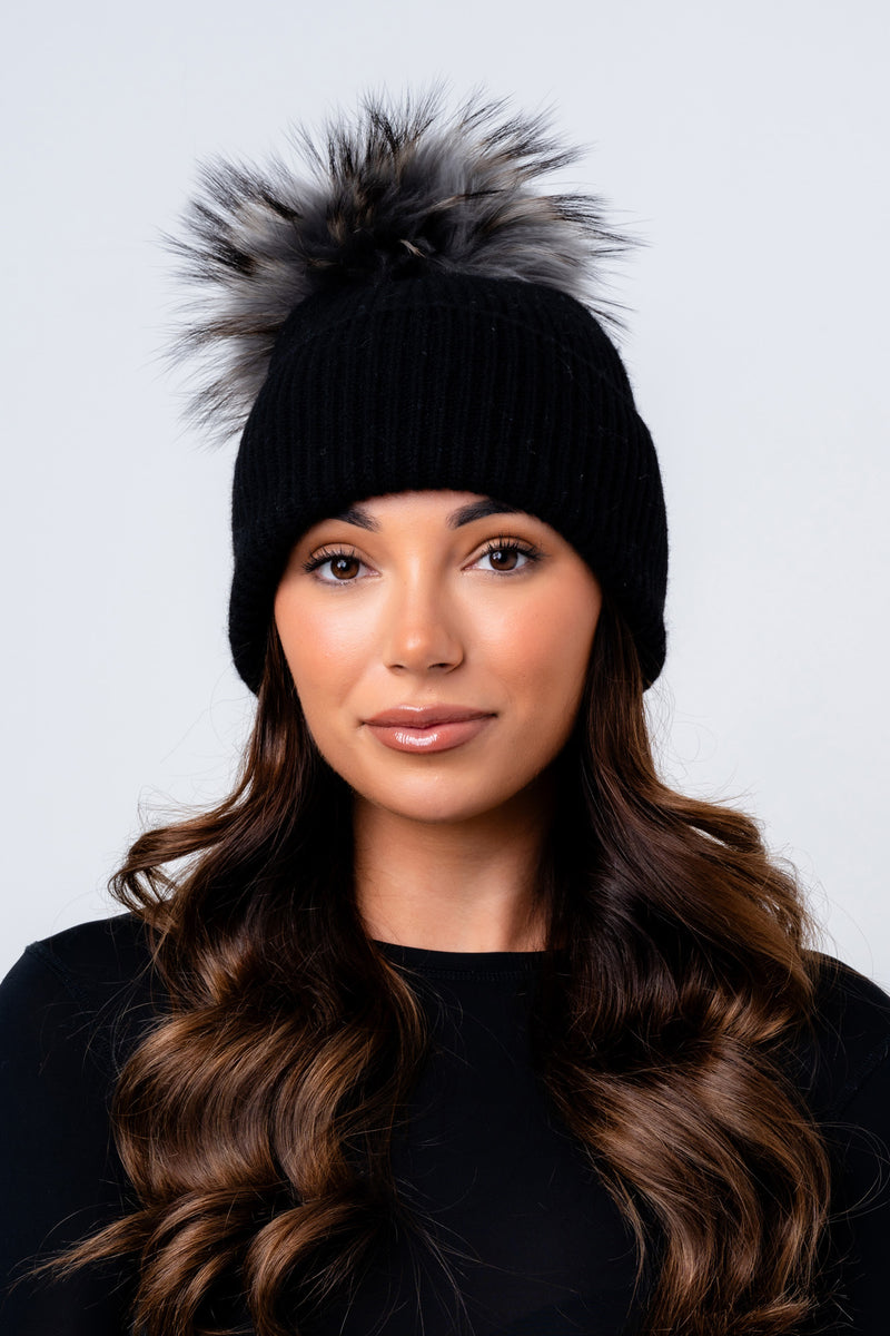 The Mayfair Ebony Black Rib Knit Fur Bobble Hat – The Fur Bobble Shop