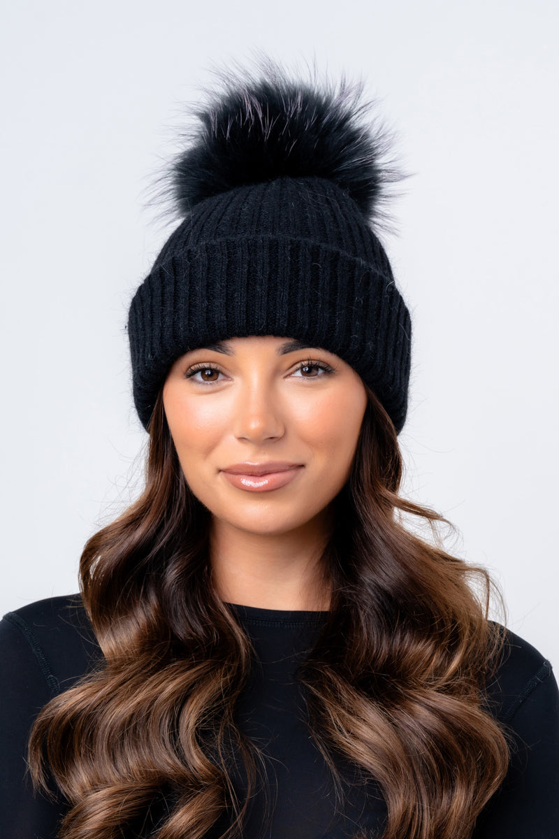 The Chelsea Ebony Black Angora Double Knit Fur Bobble Hat – The Fur ...