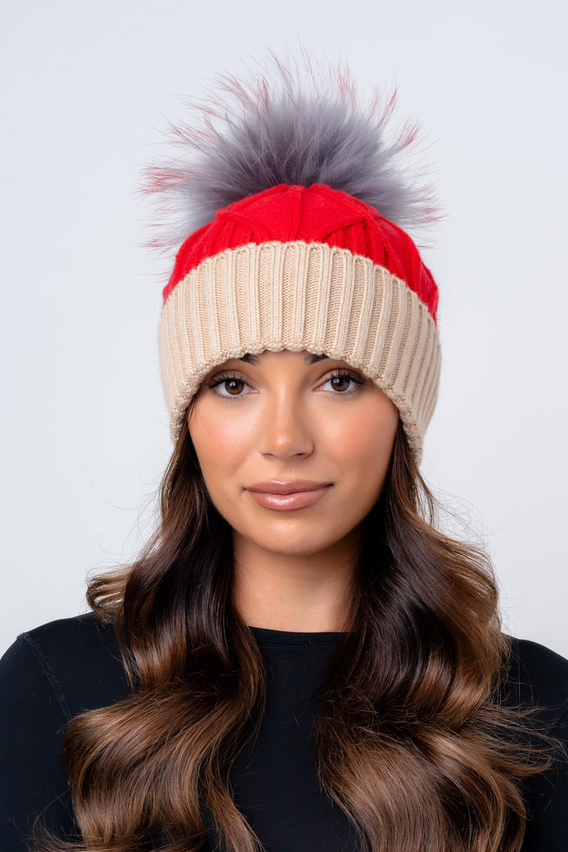 The Hoxton Cashmere Two Tone Red and Sand Fur Cable Knit Bobble Hat ...