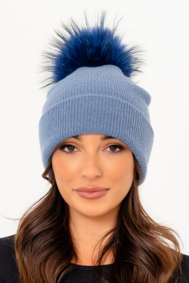 Denim Blue Merino Wool Rib Knit Fur Bobble Hat – The Fur Bobble Shop